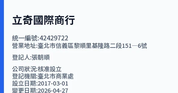 立奇國際商行的照片-統編 42429722(臺北市) 公司登記資料與營業項目詳細圖表