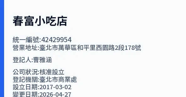 春富小吃店的照片-統編 42429954(臺北市) 公司登記資料與營業項目詳細圖表