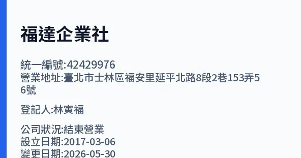 福達企業社的照片-統編 42429976(臺北市) 公司登記資料與營業項目詳細圖表