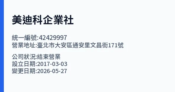 美迪科企業社的照片-統編 42429997(臺北市) 公司登記資料與營業項目詳細圖表