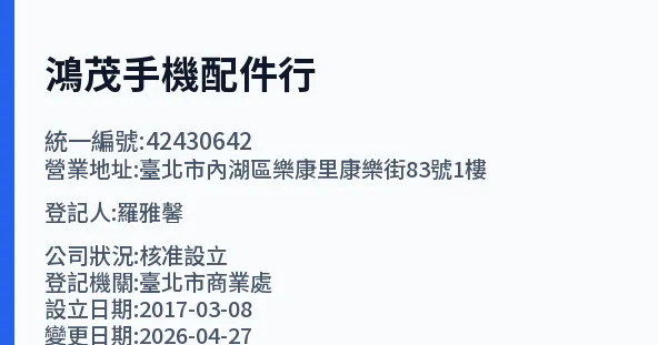 鴻茂手機配件行的照片-統編 42430642(臺北市) 公司登記資料與營業項目詳細圖表