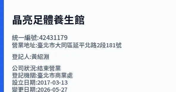 晶亮足體養生館的照片-統編 42431179(臺北市) 公司登記資料與營業項目詳細圖表