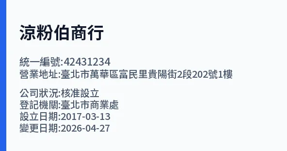 涼粉伯商行的照片-統編 42431234(臺北市) 公司登記資料與營業項目詳細圖表