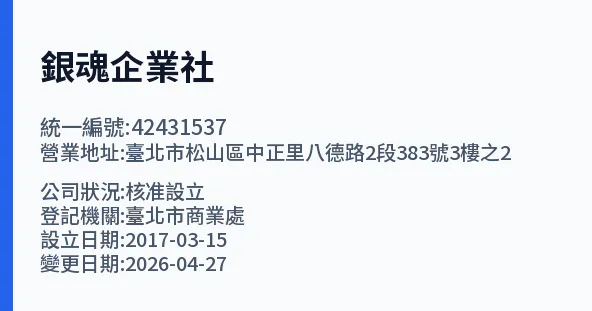 銀魂企業社的照片-統編 42431537(臺北市) 公司登記資料與營業項目詳細圖表
