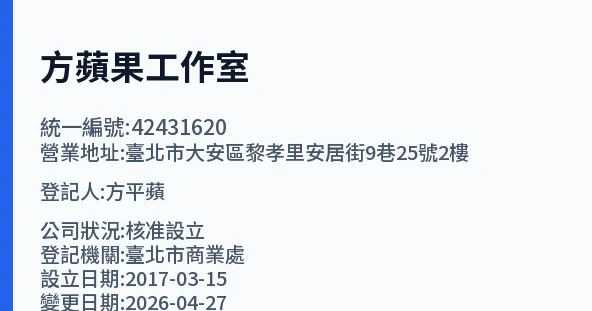 方蘋果工作室的照片-統編 42431620(臺北市) 公司登記資料與營業項目詳細圖表