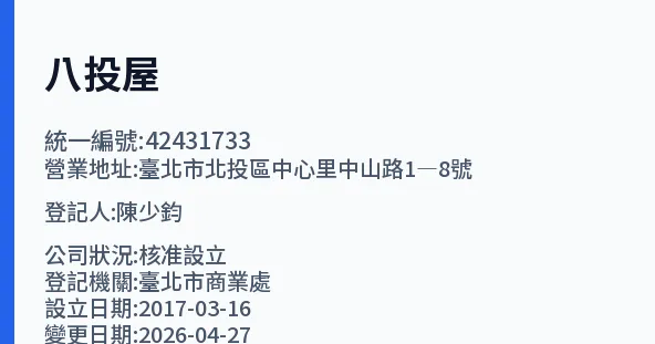 八投屋的照片-統編 42431733(臺北市) 公司登記資料與營業項目詳細圖表