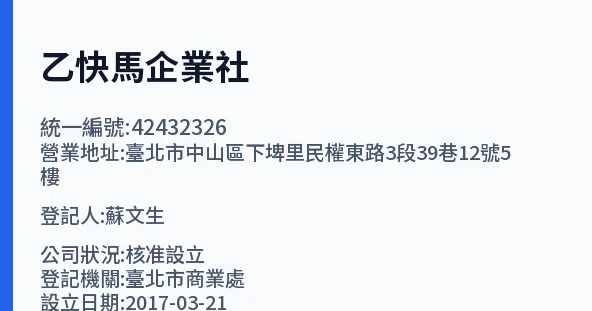 乙快馬企業社的照片-統編 42432326(臺北市) 公司登記資料與營業項目詳細圖表