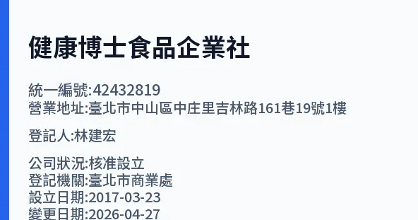 健康博士食品企業社的照片-統編 42432819(臺北市) 公司登記資料與營業項目詳細圖表