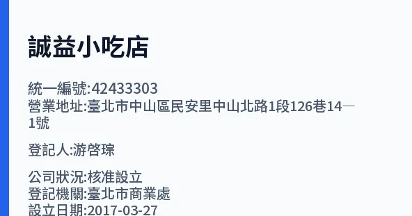 誠益小吃店的照片-統編 42433303(臺北市) 公司登記資料與營業項目詳細圖表