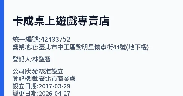 卡成桌上遊戲專賣店的照片-統編 42433752(臺北市) 公司登記資料與營業項目詳細圖表