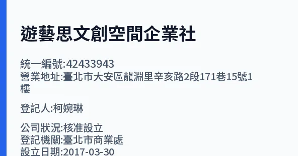 遊藝思文創空間企業社的照片-統編 42433943(臺北市) 公司登記資料與營業項目詳細圖表