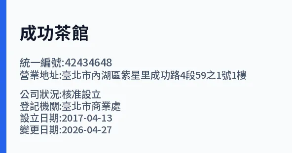 成功茶館的照片-統編 42434648(臺北市) 公司登記資料與營業項目詳細圖表