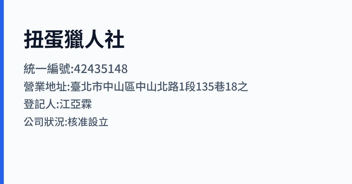 扭蛋獵人社 - 統編 42435148(臺北市) 公司登記資料與營業項目詳細圖表
