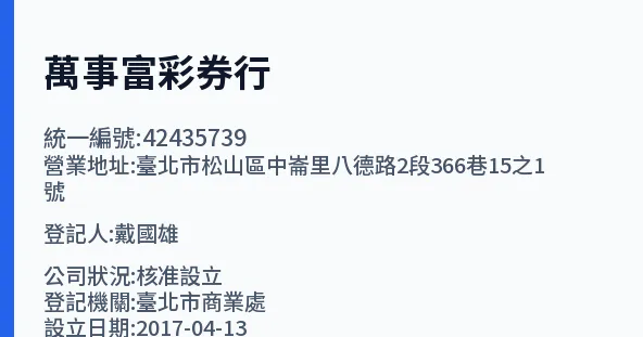 萬事富彩券行的照片-統編 42435739(臺北市) 公司登記資料與營業項目詳細圖表