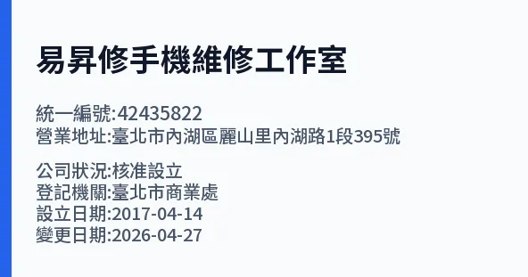 易昇修手機維修工作室的照片-統編 42435822(臺北市) 公司登記資料與營業項目詳細圖表