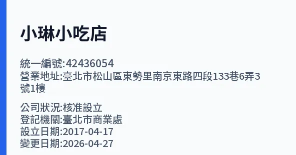 小琳小吃店的照片-統編 42436054(臺北市) 公司登記資料與營業項目詳細圖表