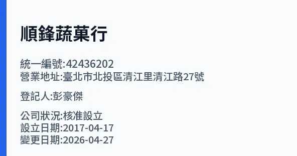 順鋒蔬菓行的照片-統編 42436202(臺北市) 公司登記資料與營業項目詳細圖表