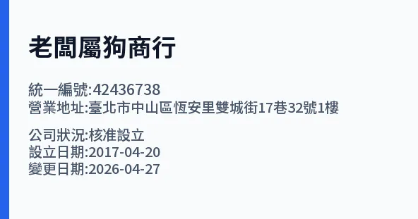 老闆屬狗商行的照片-統編 42436738(臺北市) 公司登記資料與營業項目詳細圖表