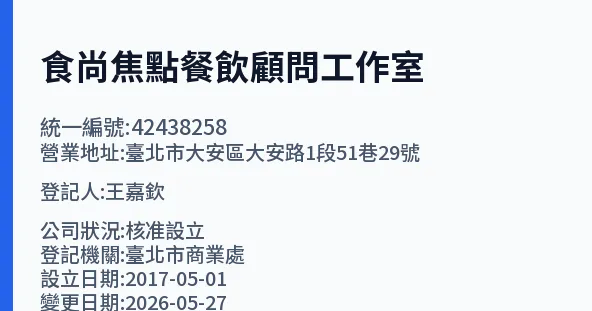 食尚焦點餐飲顧問工作室的照片-統編 42438258(臺北市) 公司登記資料與營業項目詳細圖表
