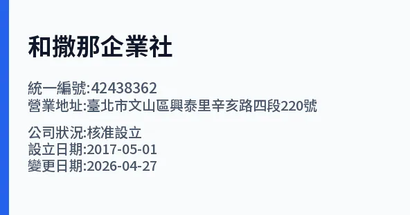 和撒那企業社的照片-統編 42438362(臺北市) 公司登記資料與營業項目詳細圖表