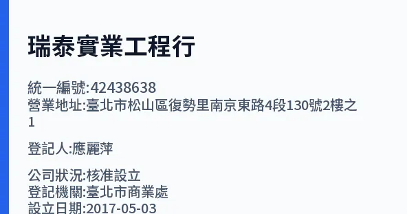 瑞泰實業工程行的照片-統編 42438638(臺北市) 公司登記資料與營業項目詳細圖表