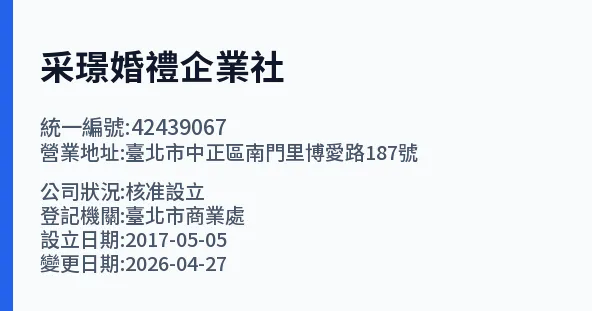 采璟婚禮企業社的照片-統編 42439067(臺北市) 公司登記資料與營業項目詳細圖表