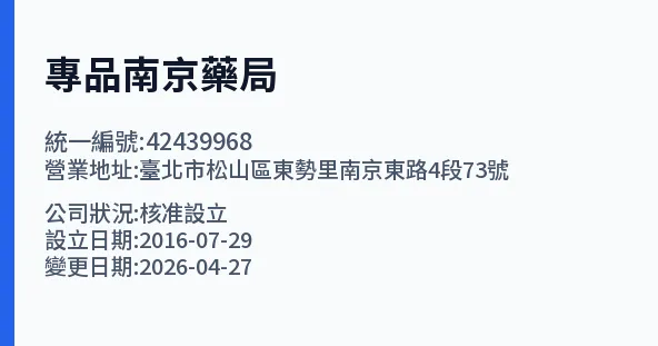 專品南京藥局的照片-統編 42439968(臺北市) 公司登記資料與營業項目詳細圖表
