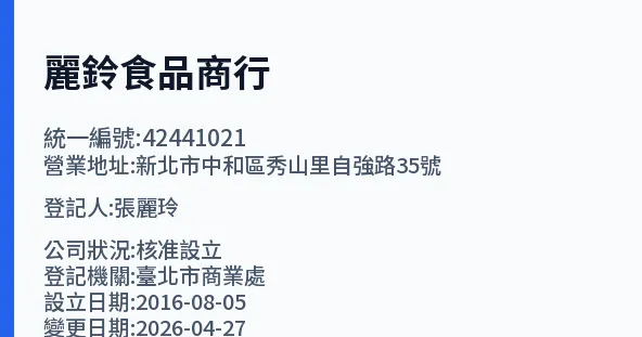 麗鈴食品商行的照片-統編 42441021(新北市) 公司登記資料與營業項目詳細圖表