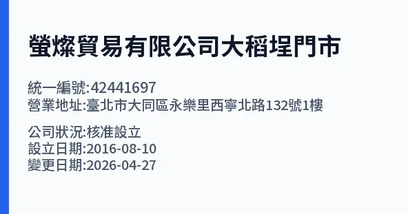 螢燦貿易有限公司大稻埕門市的照片-統編 42441697(臺北市) 公司登記資料與營業項目詳細圖表