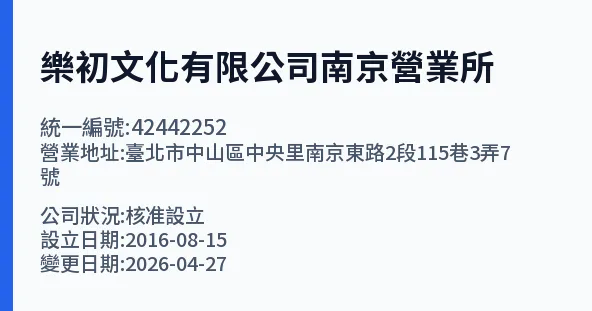 樂初文化有限公司南京營業所的照片-統編 42442252(臺北市) 公司登記資料與營業項目詳細圖表