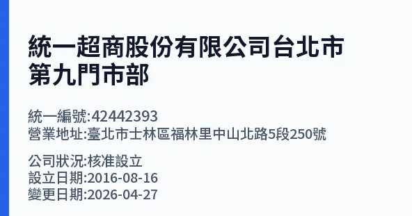 統一超商股份有限公司台北市第九門市部的照片-統編 42442393(臺北市) 公司登記資料與營業項目詳細圖表