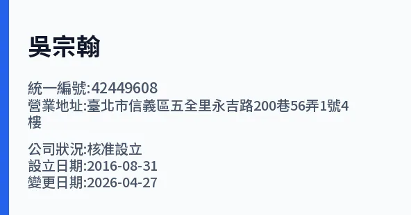吳宗翰的照片-統編 42449608(臺北市) 公司登記資料與營業項目詳細圖表