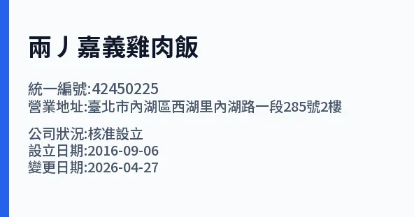 兩丿嘉義雞肉飯的照片-統編 42450225(臺北市) 公司登記資料與營業項目詳細圖表