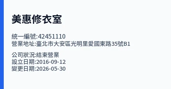 美惠修衣室的照片-統編 42451110(臺北市) 公司登記資料與營業項目詳細圖表