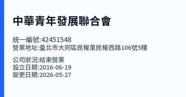 中華青年發展聯合會的照片-統編 42451548(臺北市) 公司登記資料與營業項目詳細圖表