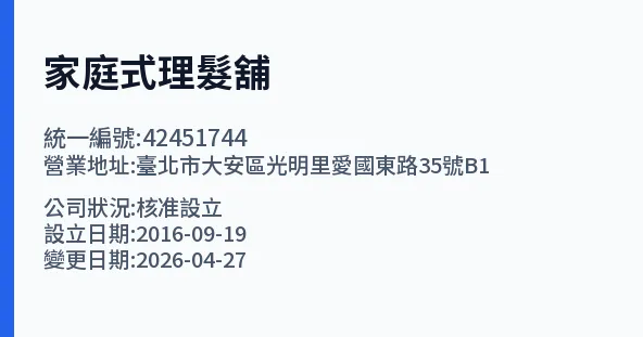 家庭式理髮舖的照片-統編 42451744(臺北市) 公司登記資料與營業項目詳細圖表