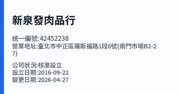 新泉發肉品行的照片-統編 42452238(臺北市) 公司登記資料與營業項目詳細圖表