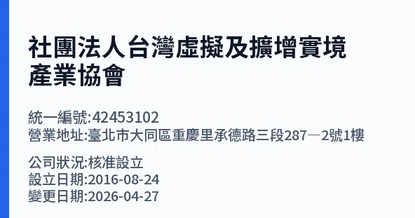 社團法人台灣虛擬及擴增實境產業協會的照片-統編 42453102(臺北市) 公司登記資料與營業項目詳細圖表