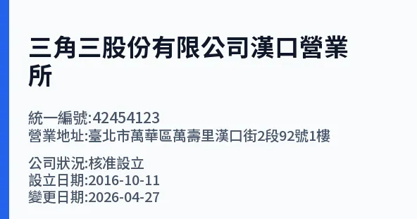 三角三股份有限公司漢口營業所的照片-統編 42454123(臺北市) 公司登記資料與營業項目詳細圖表