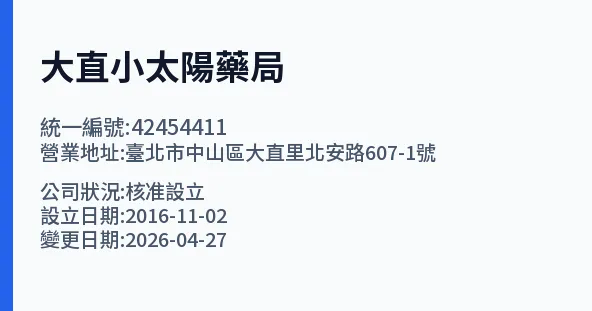 大直小太陽藥局的照片-統編 42454411(臺北市) 公司登記資料與營業項目詳細圖表