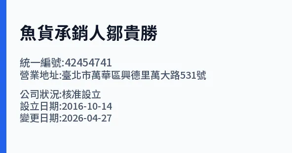 魚貨承銷人鄒貴勝的照片-統編 42454741(臺北市) 公司登記資料與營業項目詳細圖表