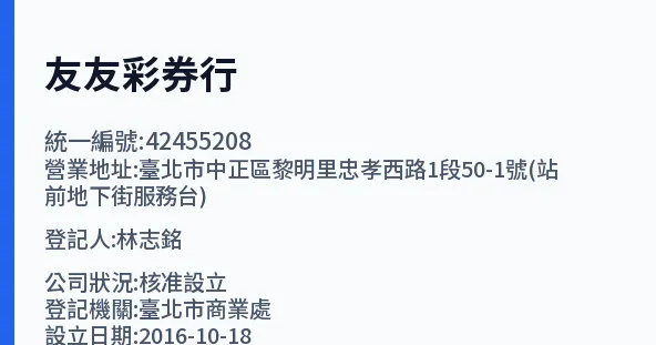 友友彩券行的照片-統編 42455208(臺北市) 公司登記資料與營業項目詳細圖表