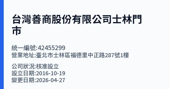 台灣善商股份有限公司士林門市的照片-統編 42455299(臺北市) 公司登記資料與營業項目詳細圖表