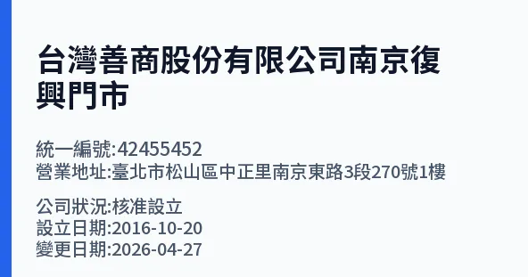 台灣善商股份有限公司南京復興門市的照片-統編 42455452(臺北市) 公司登記資料與營業項目詳細圖表