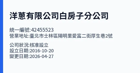 洋蔥有限公司白房子分公司的照片-統編 42455523(臺北市) 公司登記資料與營業項目詳細圖表