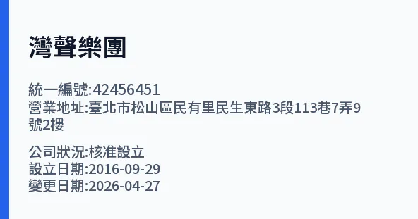 灣聲樂團的照片-統編 42456451(臺北市) 公司登記資料與營業項目詳細圖表