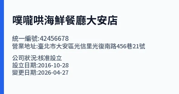 噗嚨哄海鮮餐廳大安店的照片-統編 42456678(臺北市) 公司登記資料與營業項目詳細圖表