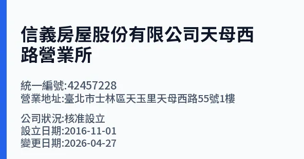 信義房屋股份有限公司天母西路營業所的照片-統編 42457228(臺北市) 公司登記資料與營業項目詳細圖表