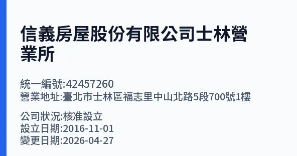 信義房屋股份有限公司士林營業所的照片-統編 42457260(臺北市) 公司登記資料與營業項目詳細圖表
