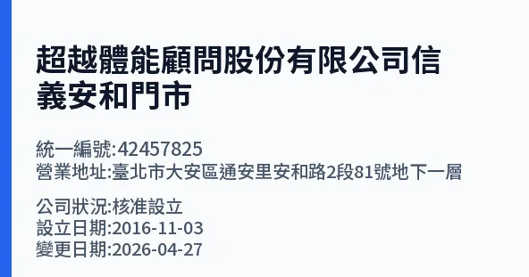 超越體能顧問股份有限公司信義安和門市的照片-統編 42457825(臺北市) 公司登記資料與營業項目詳細圖表